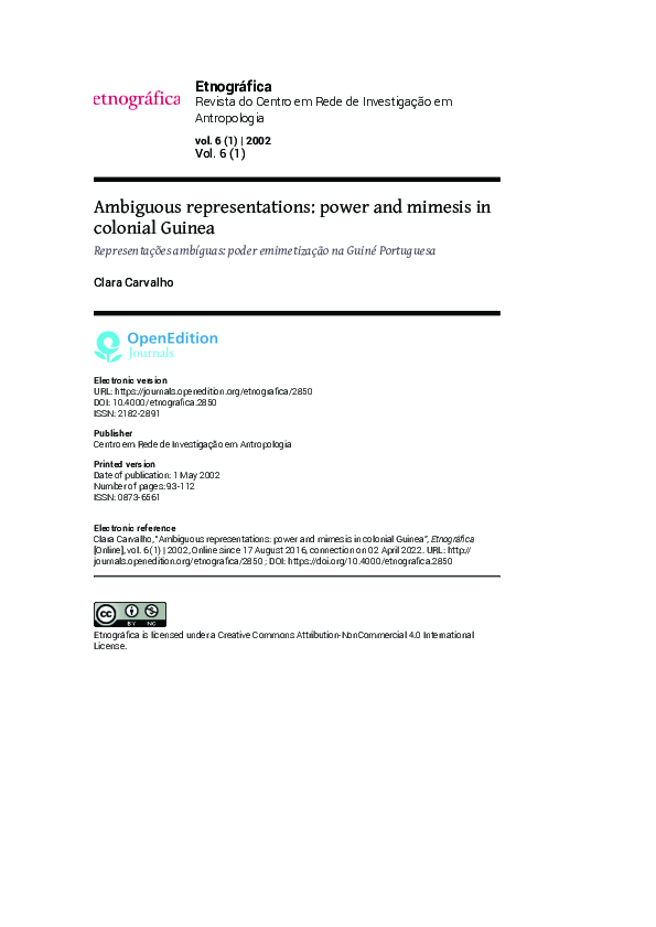(PDF) Ambiguous representations: power and mimesis in colonial Guinea