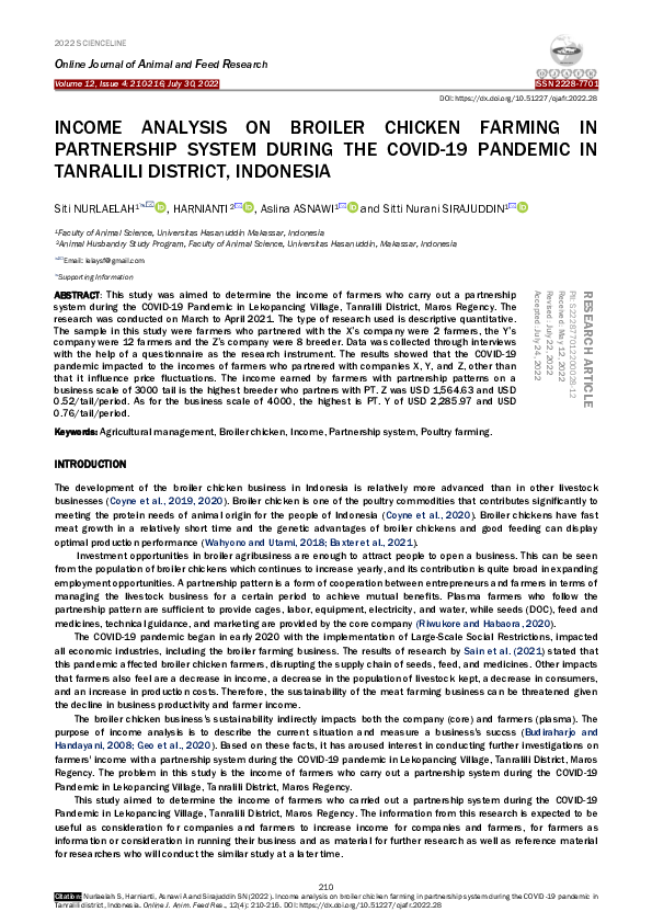 (PDF) Income analysis on broiler chicken farming in partnership system ...
