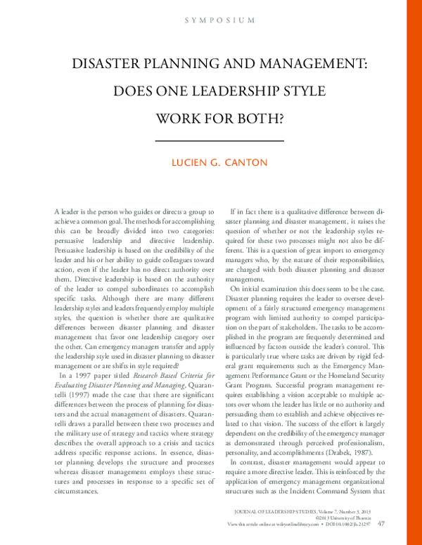 (PDF) Disaster Planning and Management: Does One Leadership Style Work ...