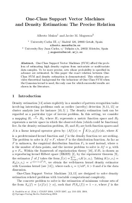 (PDF) One-Class Support Vector Machines and Density Estimation: The Precise Relation