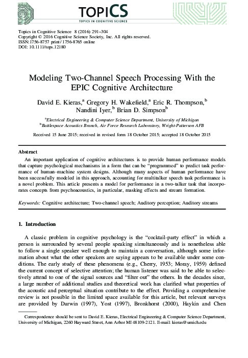(PDF) Modeling Two-Channel Speech Processing With the EPIC Cognitive ...