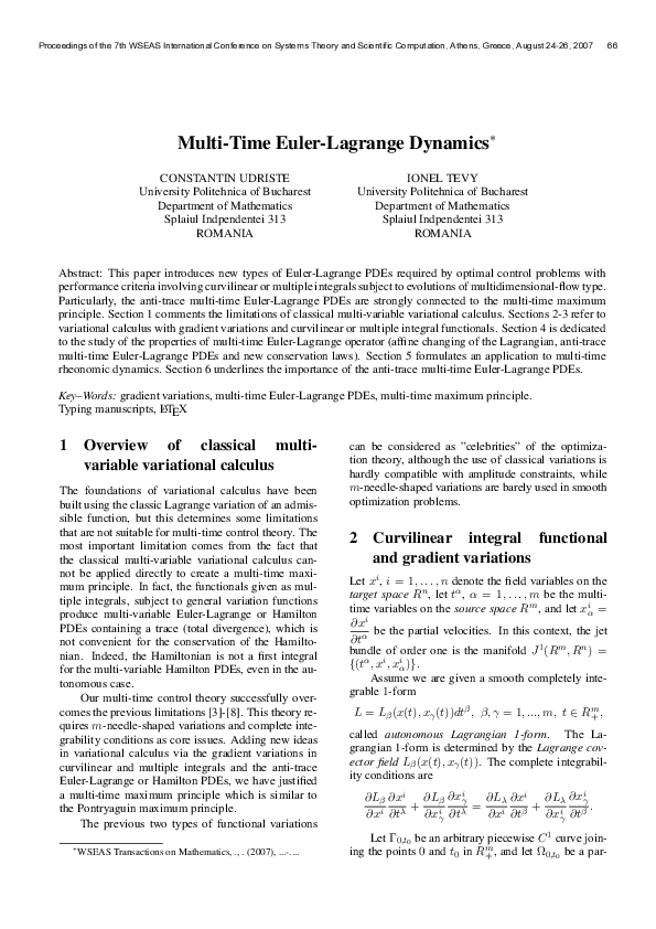 (PDF) Multi-Time Euler-Lagrange Dynamics
