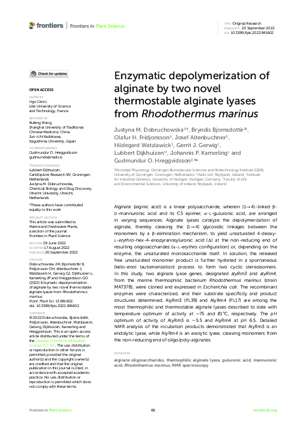 (PDF) Enzymatic depolymerization of alginate by two novel thermostable ...