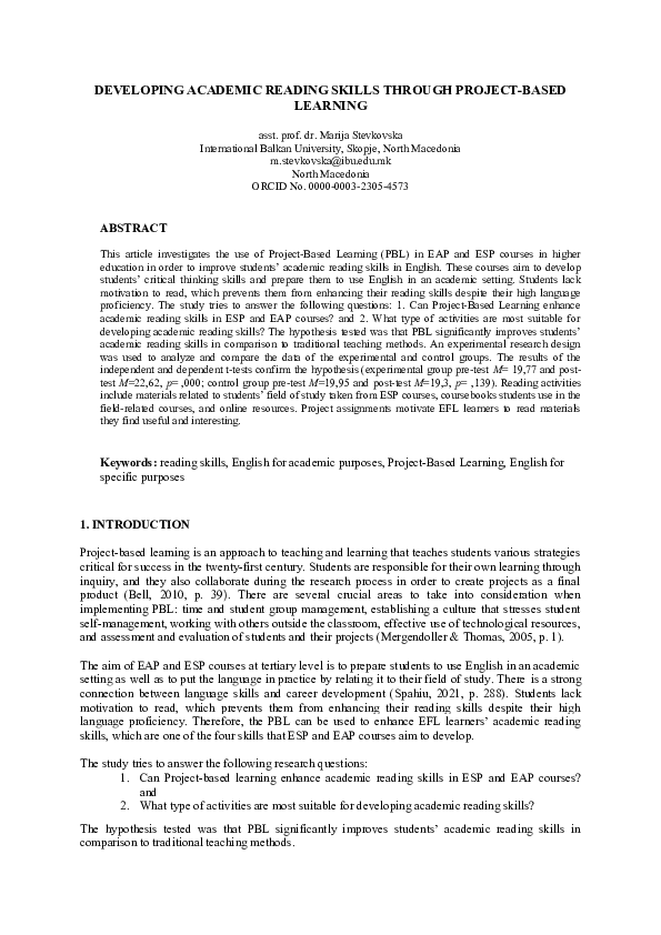 (DOC) DEVELOPING ACADEMIC READING SKILLS THROUGH PROJECT-BASED LEARNING