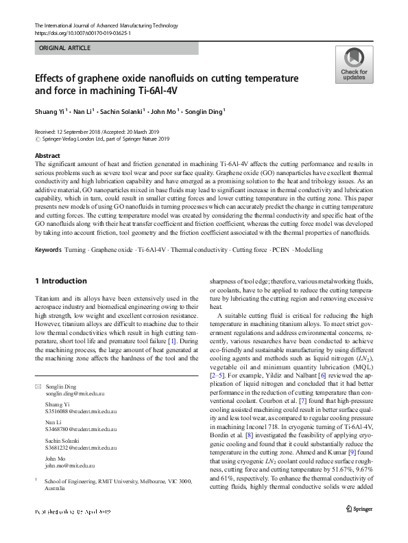 (PDF) Effects of graphene oxide nanofluids on cutting temperature and force in machining Ti-6Al-4V