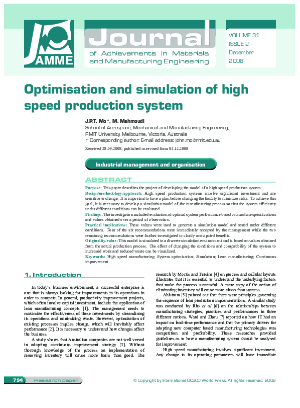 (PDF) Optimisation and simulation of high speed production system ...