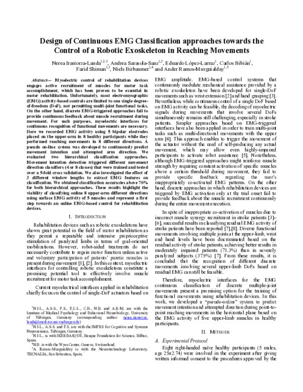 (PDF) Design of continuous EMG classification approaches towards the control of a robotic ...