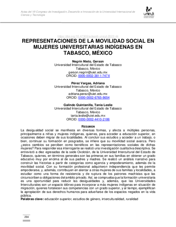 (PDF) Representaciones De La Movilidad Social en Mujeres Universitarias Indígenas en Tabasco, México