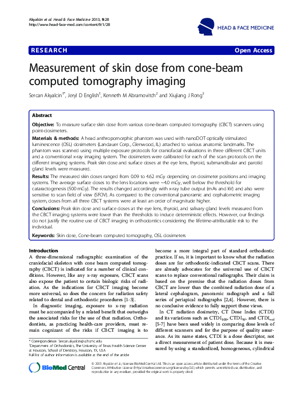 (PDF) Measurement of skin dose from cone-beam computed tomography imaging