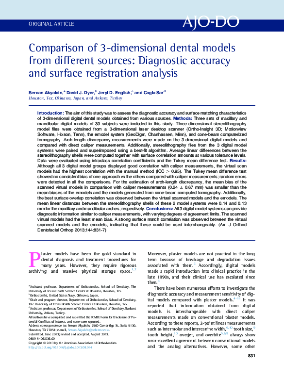 (PDF) Comparison of 3-dimensional dental models from different sources: Diagnostic accuracy and ...