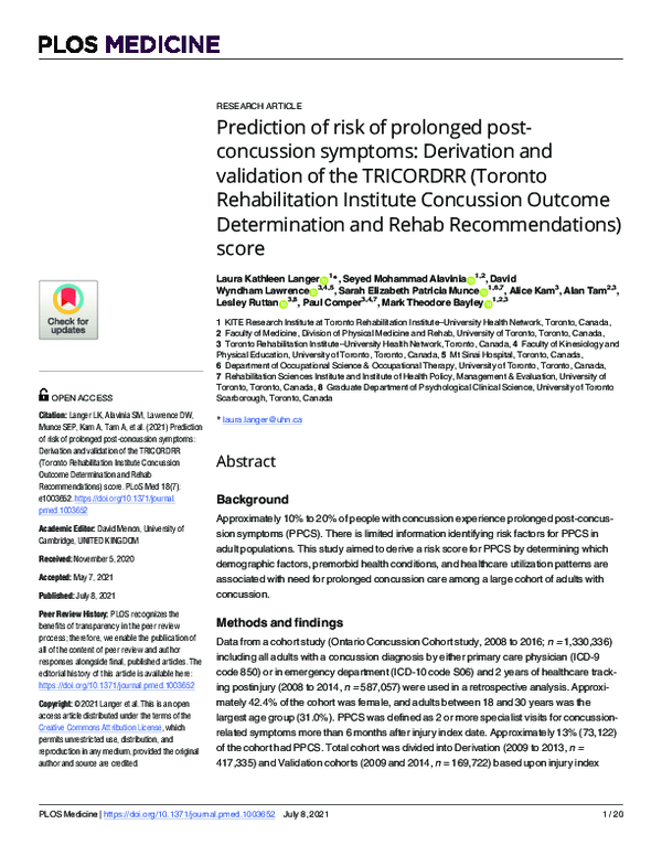 (PDF) Prediction of risk of prolonged post-concussion symptoms ...