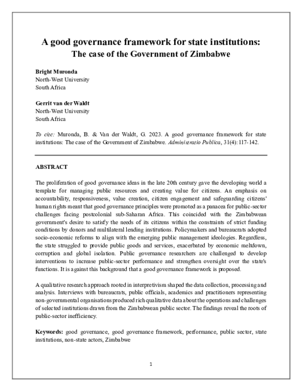 (PDF) A good governance framework for state institutions: The case of ...