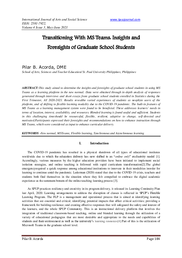 (PDF) Transitioning With MS Teams: Insights and Foresights of Graduate School Students