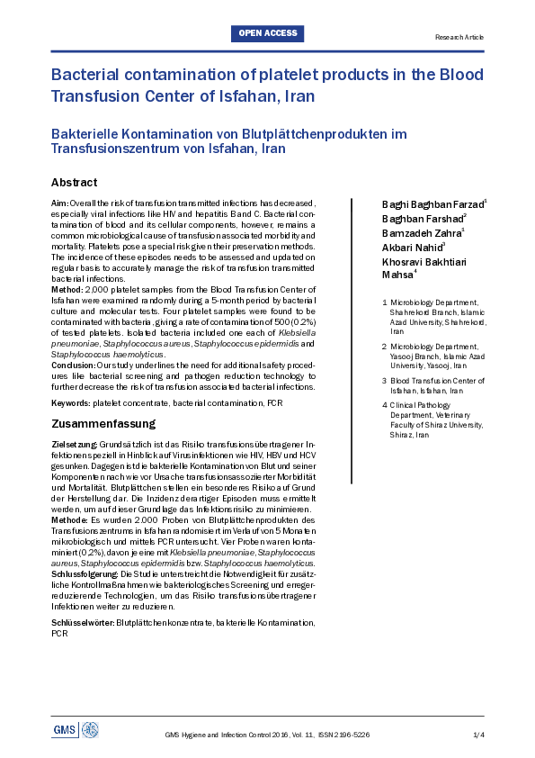 (PDF) Bacterial contamination of platelet products in the Blood Transfusion Center of Isfahan ...