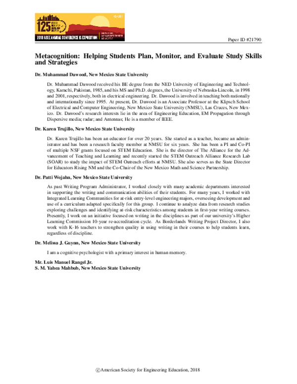 (PDF) Board 35:Metacognition: Helping Students Plan, Monitor, and ...