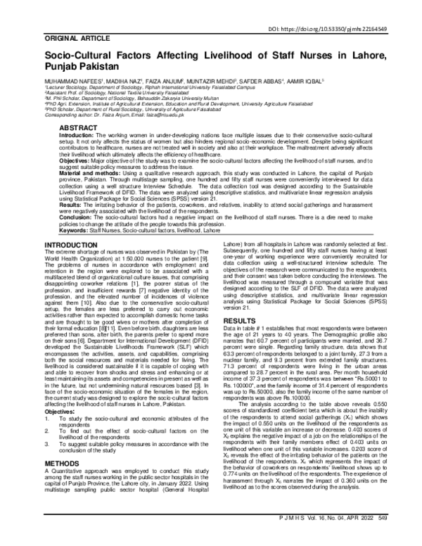 (PDF) Socio-Cultural Factors Affecting Livelihood of Staff Nurses in Lahore, Punjab Pakistan