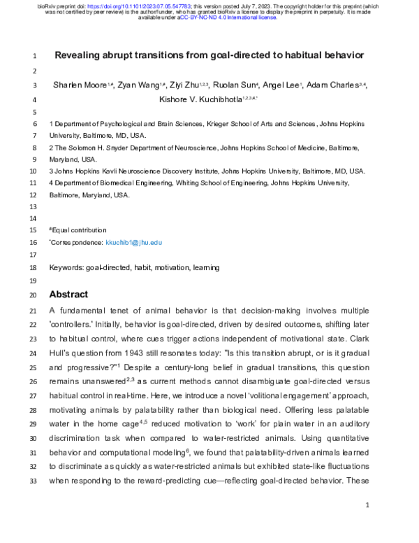 (PDF) Revealing abrupt transitions from goal-directed to habitual behavior