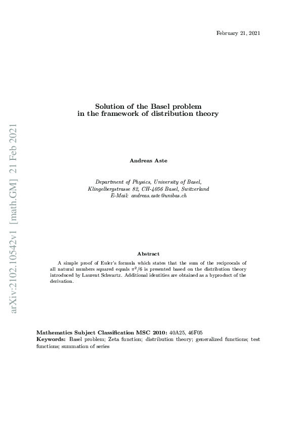 (PDF) Solution of the Basel problem in the framework of distribution theory