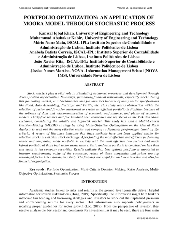 Pdf Portfolio Optimization An Application Of Moora Model Through Stochastic Process Kanwal