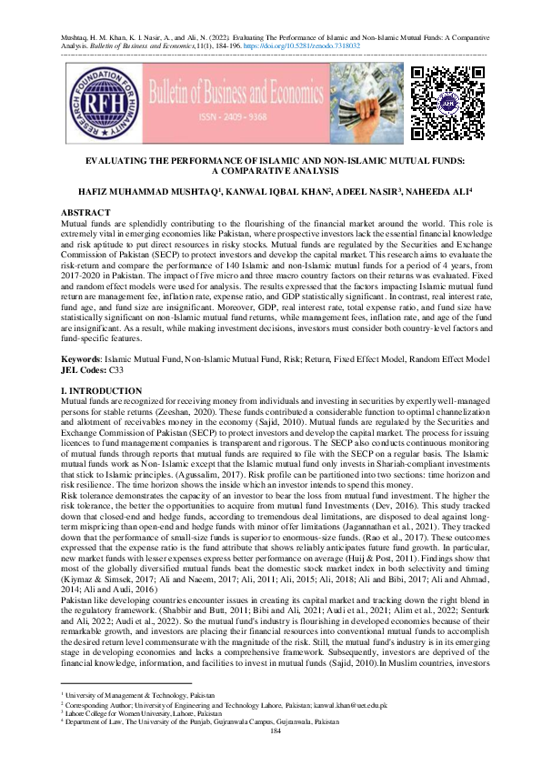 (PDF) Evaluating the Performance of Islamic and Non-Islamic Mutual Funds: A Comparative Analysis