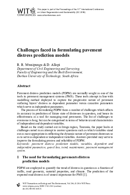 (PDF) Challenges faced in formulating pavement distress prediction models (PDF) Challenges faced in formulating pavement distress prediction models