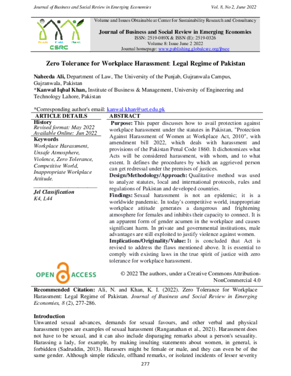 (PDF) Zero Tolerance for Workplace Harassment: Legal Regime of Pakistan