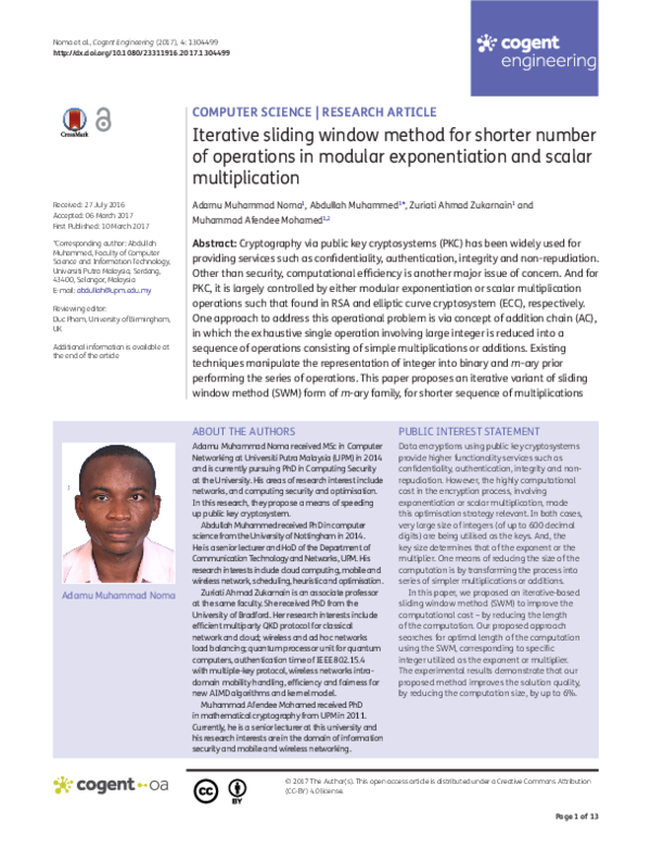 Pdf Iterative Sliding Window Method For Shorter Number Of Operations In Modular Exponentiation