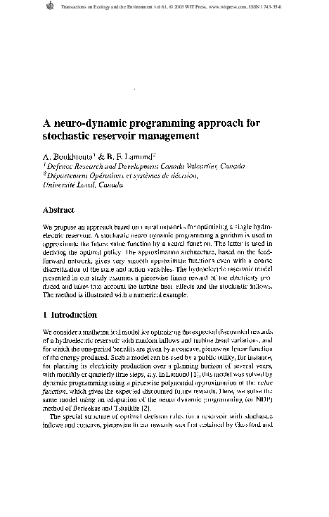 (PDF) A Neuro-dynamic Programming Approach For StochasticReservoir Management