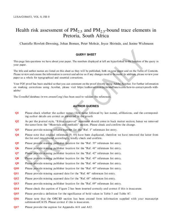 (PDF) Health risk assessment of PM 2.5 and PM 2.5 -bound trace elements in Pretoria, South Africa