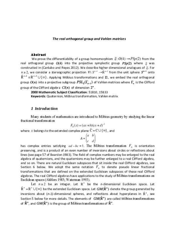 (PDF) The Real Orthogonal Group and Vahlen Matrices | Dennis Merino - Academia.edu