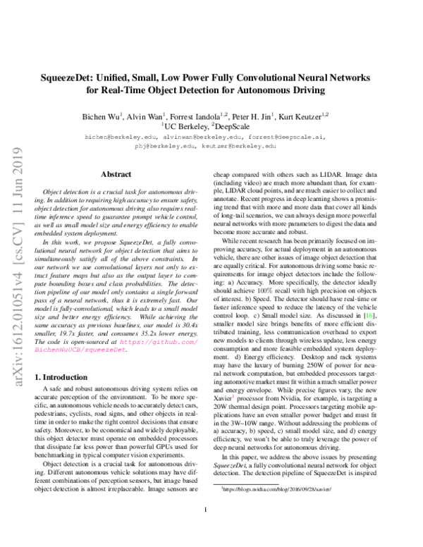 (PDF) SqueezeDet: Unified, Small, Low Power Fully Convolutional Neural Networks for Real-Time ...