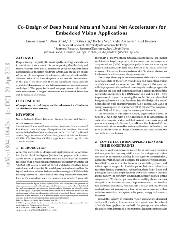 (PDF) Co-design of deep neural nets and neural net accelerators for embedded vision applications