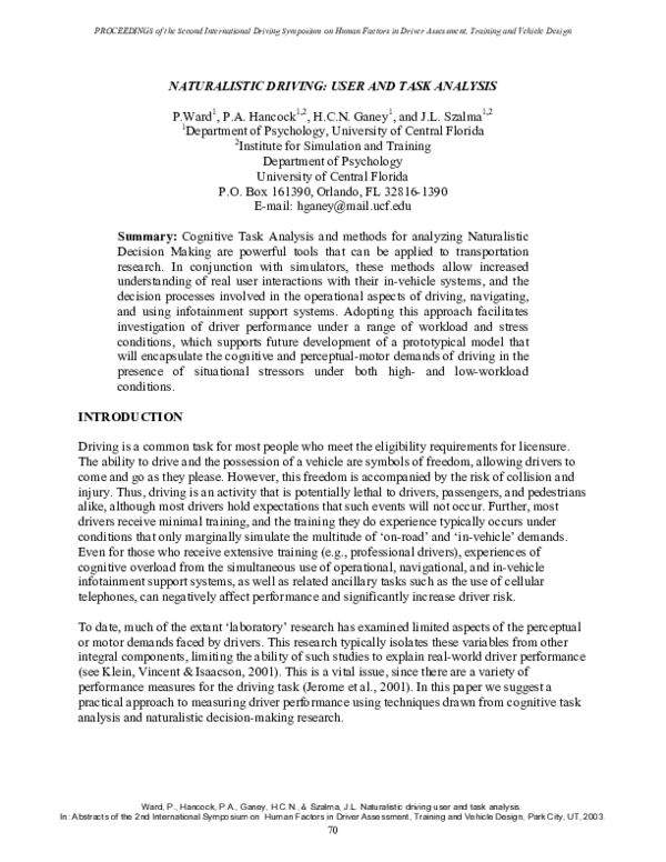 (PDF) Naturalistic Driving: User and Task Analysis