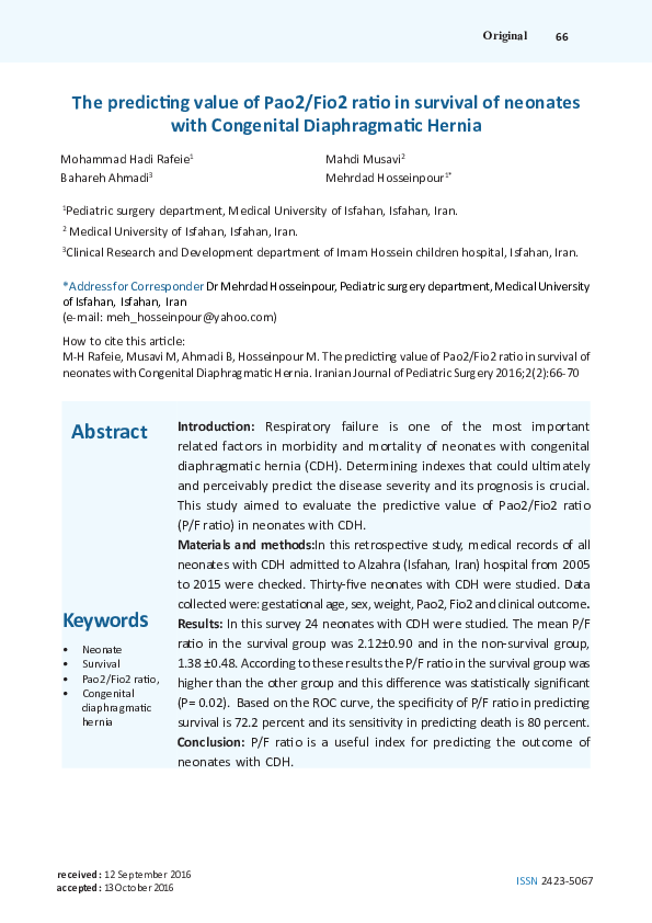 (PDF) The predicting values of Pao2/Fio2 ratio in survival of neonates ...