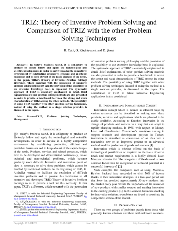 (PDF) TRIZ: Theory of Inventive Problem Solving and Comparison of TRIZ with the other Problem ...