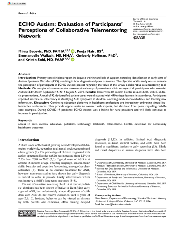 (PDF) ECHO Autism: Evaluation of Participants’ Perceptions of Collaborative Telementoring ...