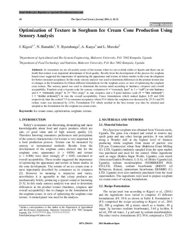 (PDF) Optimization of Texture in Sorghum Ice Cream Cone Production Using Sensory Analysis