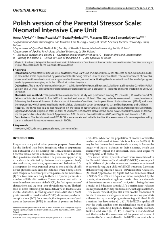 (PDF) Polish version of the Parental Stressor Scale: Neonatal Intensive ...