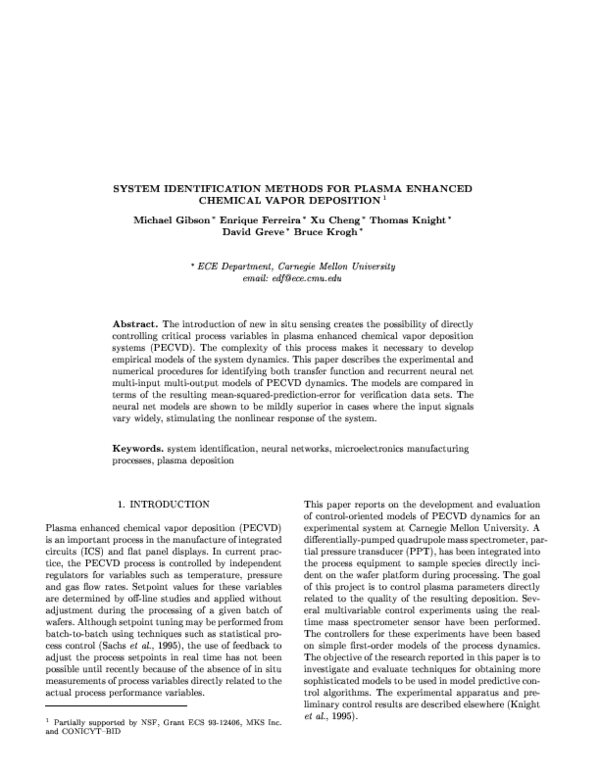 (PDF) System Identification Methods for Plasma Enhanced Chemical Vapor Deposition