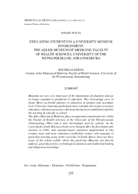 (PDF) Educating students in a university museum environment: the Adler Museum of Medicine ...