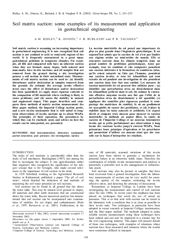 (PDF) Soil matrix suction: some examples of its measurement and ...