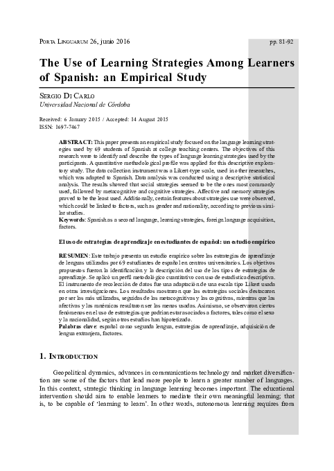 (PDF) The Use of Learning Strategies Among Learners of Spanish: an Empirical Study