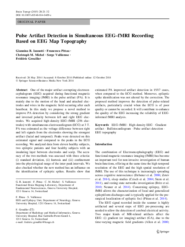 Pdf Pulse Artifact Detection In Simultaneous Eeg Fmri Recording Based