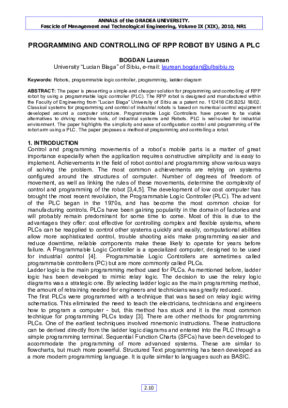 (PDF) Programming and Controlling of RPP Robot by Using a PLC