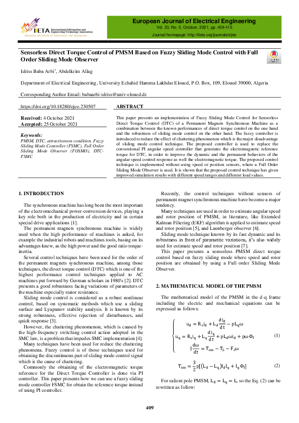 Pdf Sensorless Direct Torque Control Of Pmsm Based On Fuzzy Sliding Mode Control With Full