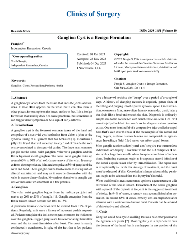 (PDF) Ganglion Cyst is a Benign Formation