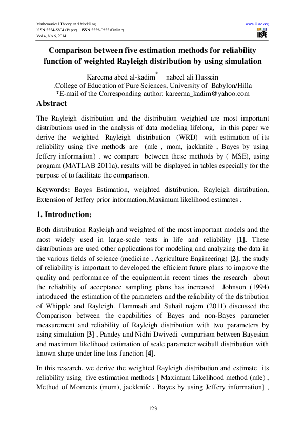 Pdf Comparison Between Five Estimation Methods For Reliability Function Of Weighted Rayleigh