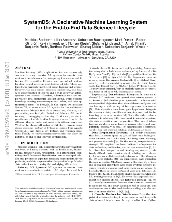 Pdf Systemds A Declarative Machine Learning System For The End To End Data Science Lifecycle