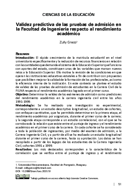 (PDF) Validez predictiva de las pruebas de admisión en la Facultad de ... (PDF) Validez predictiva de las pruebas de admisión en la Facultad de ...