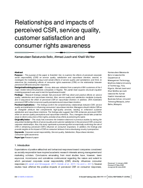 (PDF) Relationships and impacts of perceived CSR, service quality ...
